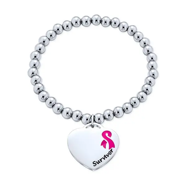 BLING JEWELRY Medical Alert Id Stretch Bracelet With Heart And Cancer Ribbon Tag - Silver Tone