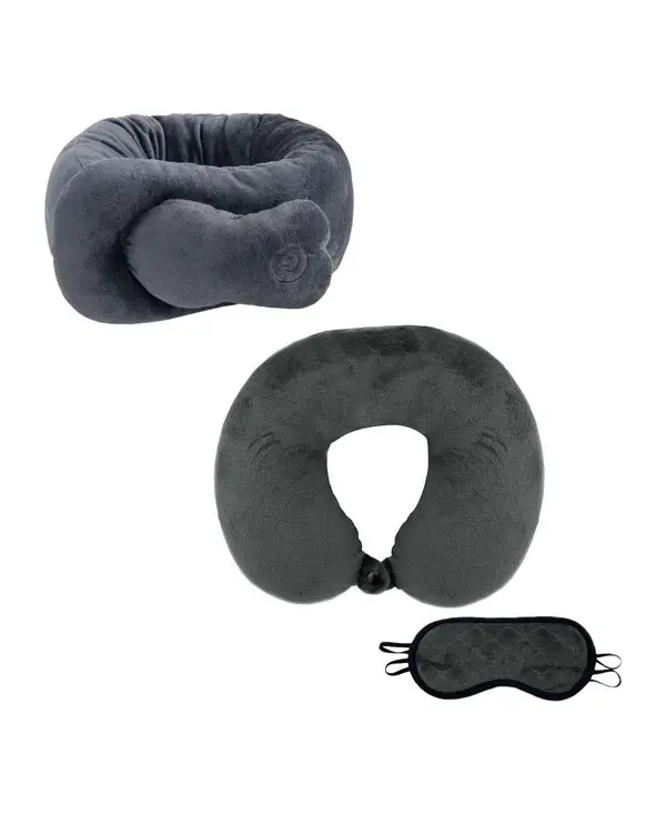 PURSONIC Travel Comfort & Relief Bundle Memory Foam Travel Pillow With Sleep Mask + Portable Neck & Shoulder Adjustable Massaging Wrap - Grey