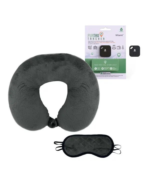 PURSONIC Mindful Traveler Bundle: Memory Foam Travel Pillow With Sleep Mask & Purtag Tracker - Dark Grey