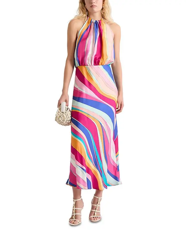 Marella Silk Twill Halterneck Midi Dress With Printed Stripes