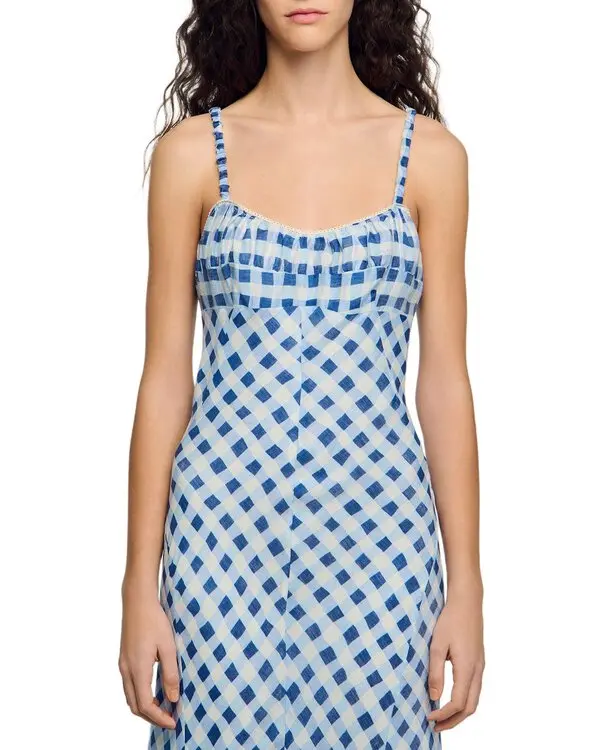 Sandro Colette Gingham Lace Up Maxi Dress - Blue / White
