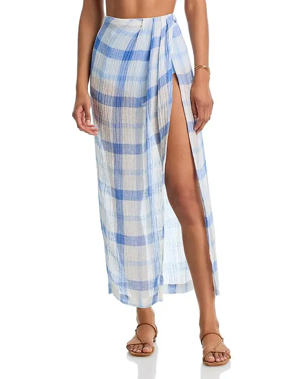 Lisa Marie Fernandez Sarong Skirt Swim Cover-up - Blue/white Windowpane Sorrento Gauze