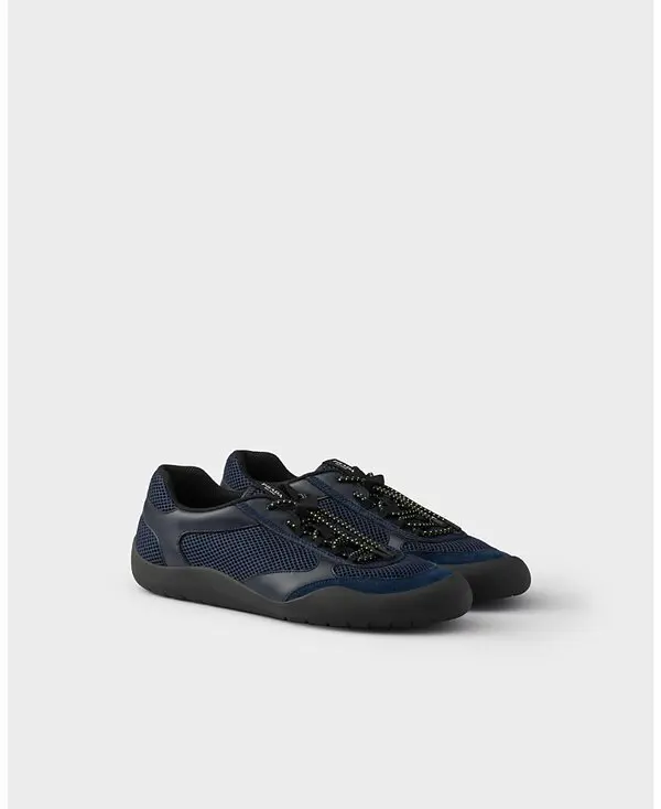 Prada Speedrock Leather And Mesh Fabric Lace-up Sneakers - Navy