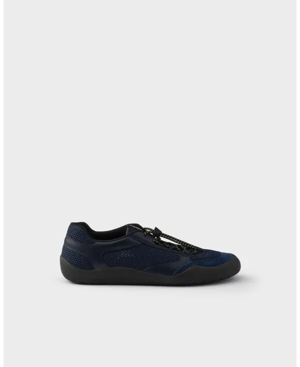 Prada Speedrock Leather And Mesh Fabric Lace-up Sneakers - Navy