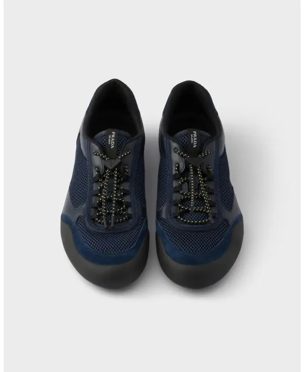 Prada Speedrock Leather And Mesh Fabric Lace-up Sneakers - Navy