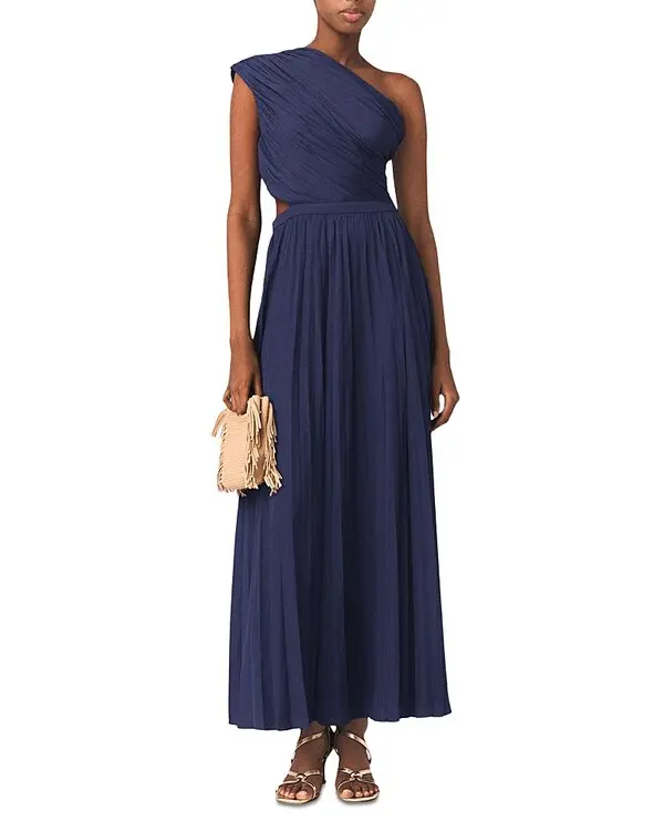 Maje Revi Asymmetric Pleated Maxi Dress - Navy
