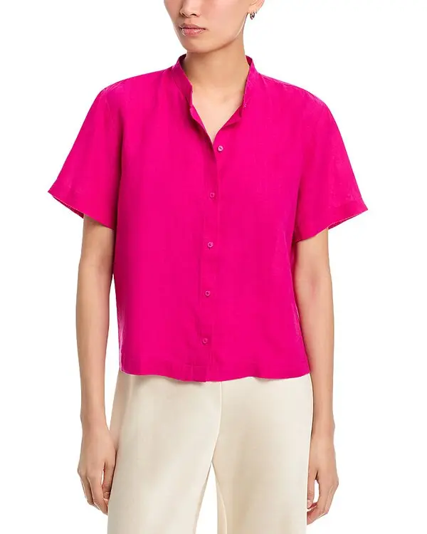 Eileen Fisher Mandarin Collar Short Sleeve Shirt - Fuschia