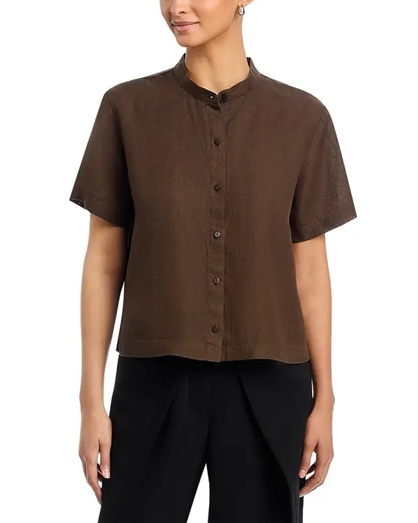 Eileen Fisher Mandarin Collar Short Sleeve Shirt - Wren