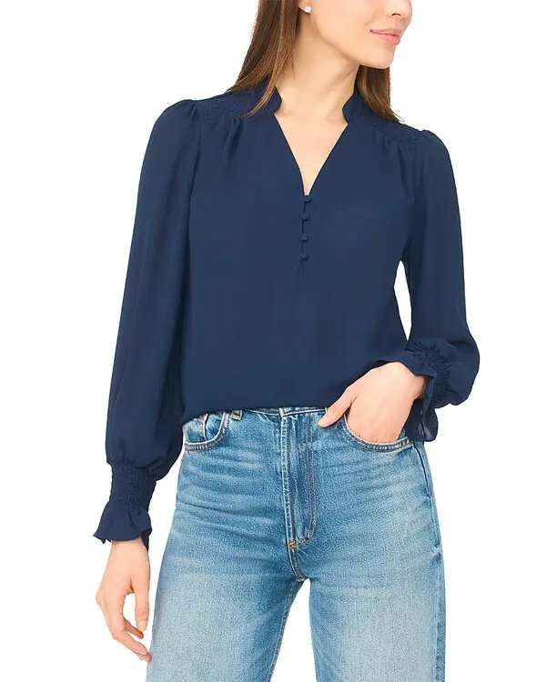 CECE DUPRAZ Half Placket Smocked Top - Classic Navy