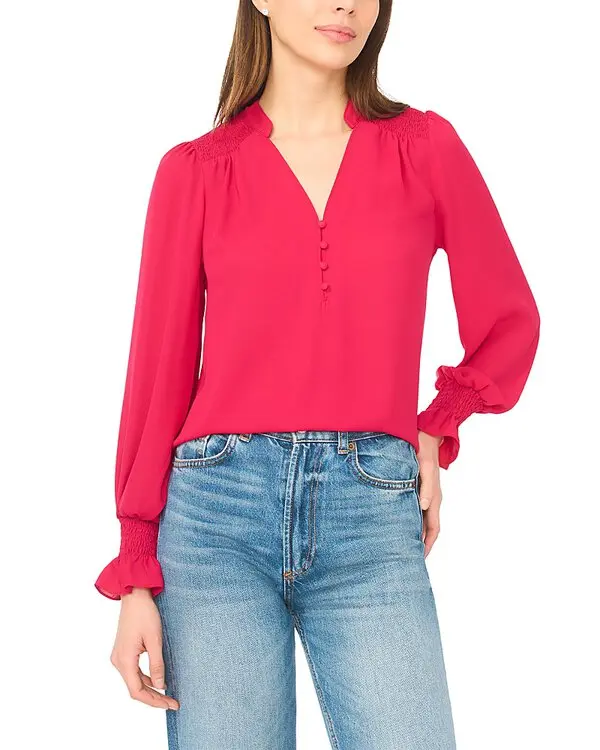 CECE DUPRAZ Half Placket Smocked Top - Rose Cerise