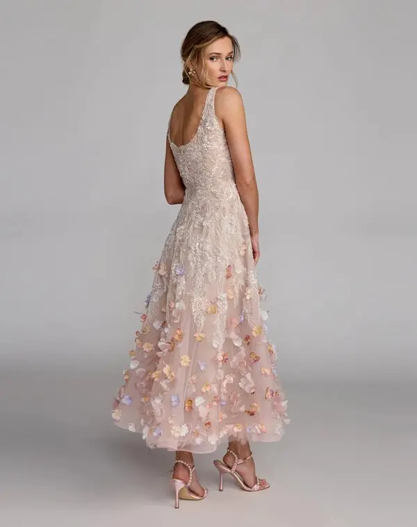MAC DUGGAL COLLECTION Sleeveless Embellished Midi Dress With 3d Floral Appliques