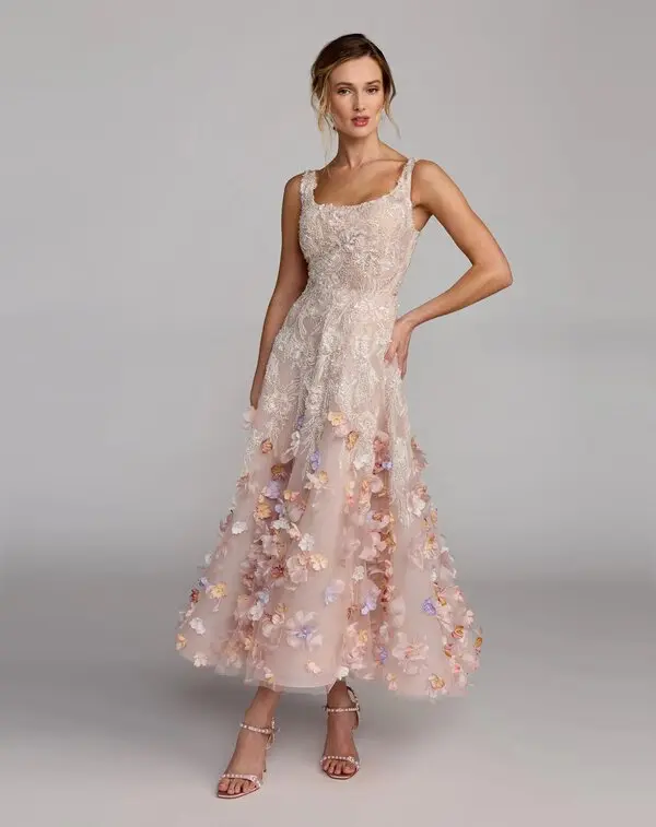 MAC DUGGAL COLLECTION Sleeveless Embellished Midi Dress With 3d Floral Appliques