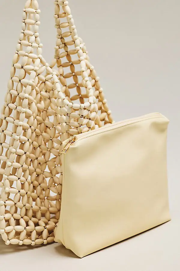 Anthropologie Wood Beaded Shoulder Tote