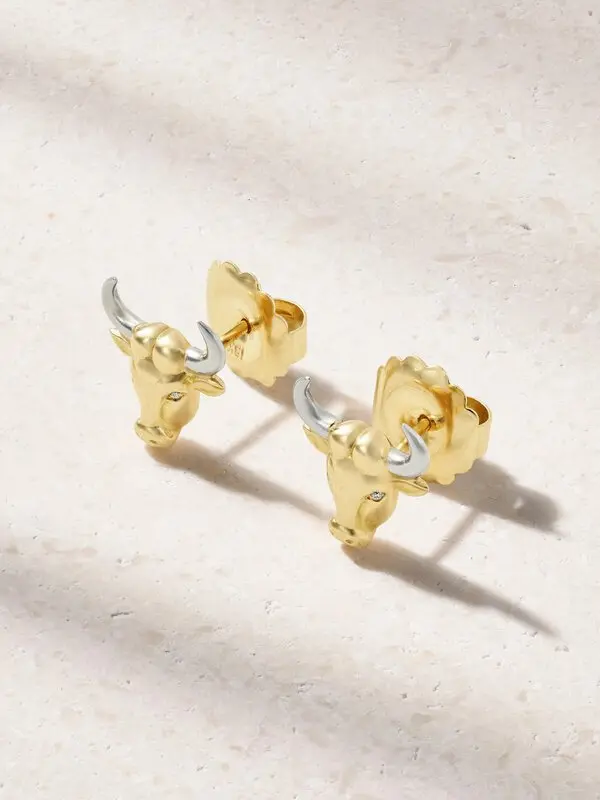 Brent Neale Taurus 18-karat And Rhodium Diamond Stud Earrings - Gold