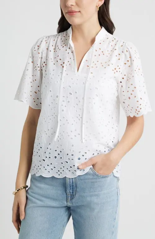 Caslon Eyelet Split-neck Top - White