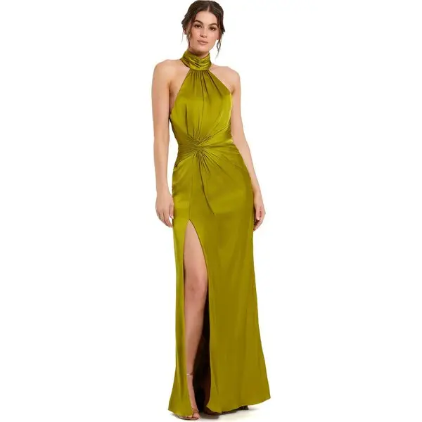 Mac Duggal Petite Open Back High Neck Gown - Olive