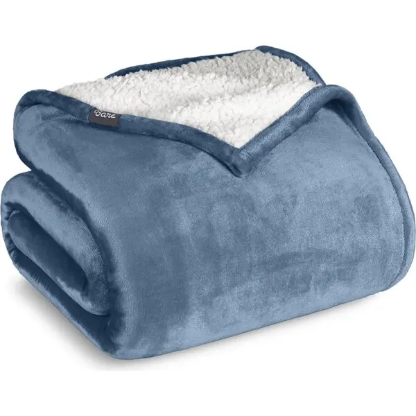 BARE HOME Reversible Plush Fleece Throw Blanket - Coronet Blue