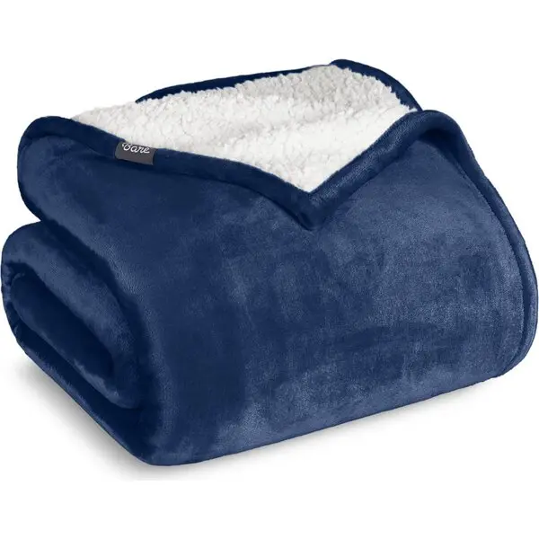 BARE HOME Reversible Plush Fleece Throw Blanket - Dark Blue