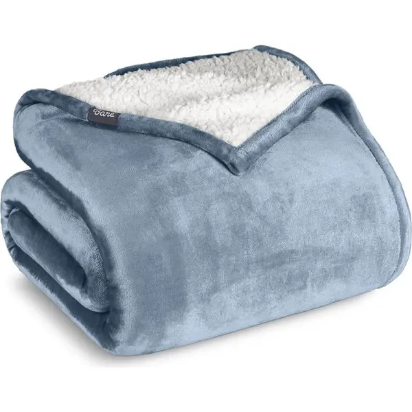 BARE HOME Reversible Plush Fleece Throw Blanket - Dusty Blue