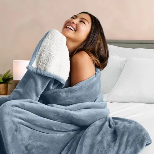 BARE HOME Reversible Plush Fleece Throw Blanket - Dusty Blue
