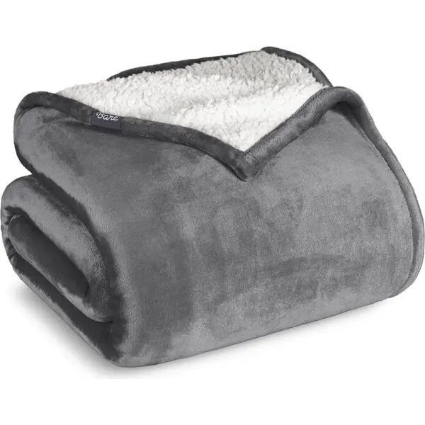 BARE HOME Reversible Plush Fleece Throw Blanket - Grey