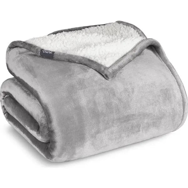 BARE HOME Reversible Plush Fleece Throw Blanket - Light Grey