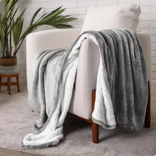 BARE HOME Reversible Plush Fleece Throw Blanket - Light Grey