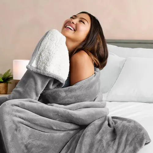 BARE HOME Reversible Plush Fleece Throw Blanket - Light Grey
