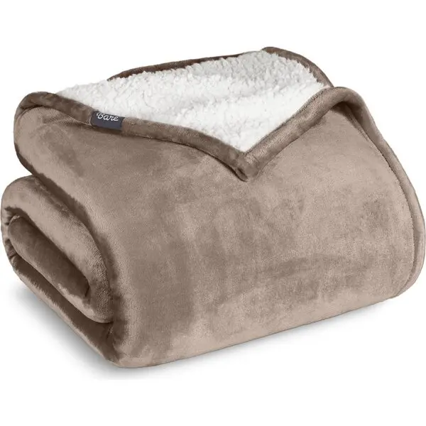 BARE HOME Reversible Plush Fleece Throw Blanket - Taupe