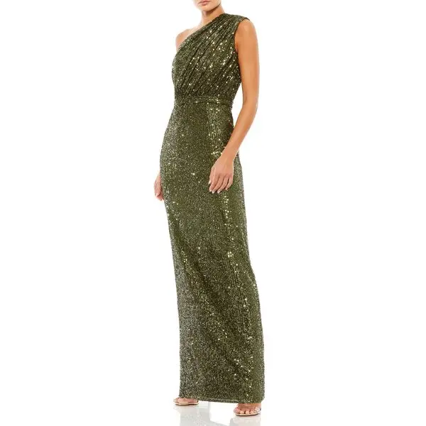 Mac Duggal One Shoulder Ruched Sequin Gown - Olive
