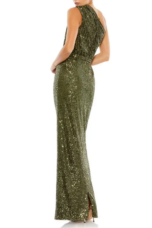 Mac Duggal One Shoulder Ruched Sequin Gown - Olive