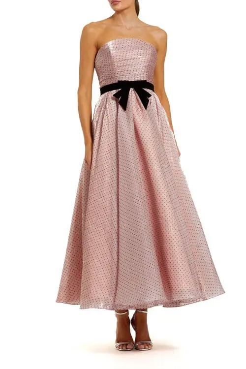 Mac Duggal Petite Polka Dot Organza Strapless Dress With Bow - Rose Pink