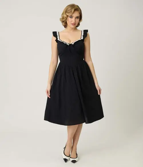 Unique Vintage Sweetheart Flutter Sleeve Swing Dress - Black Solid
