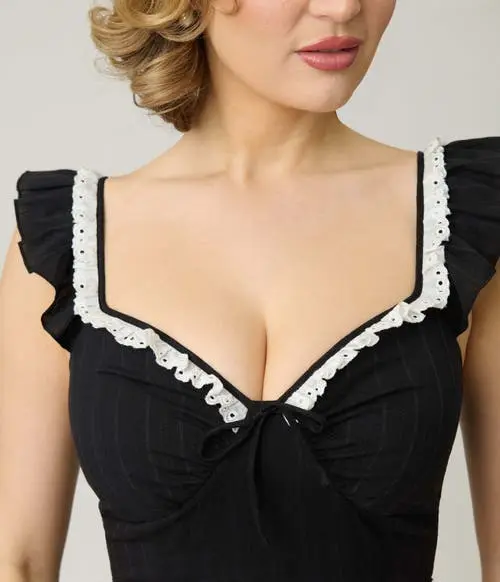 Unique Vintage Sweetheart Flutter Sleeve Swing Dress - Black Solid