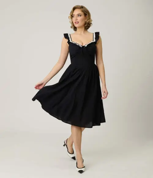 Unique Vintage Sweetheart Flutter Sleeve Swing Dress - Black Solid