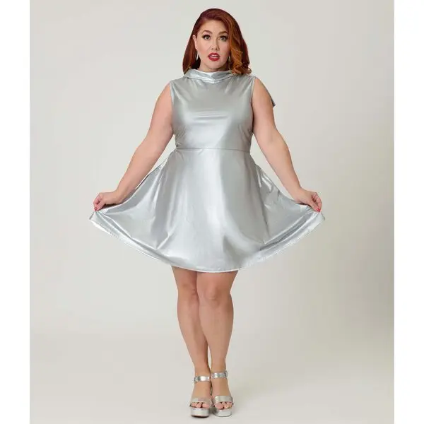 SMAK PARLOUR Knit Mock Neck A-line Mini Dress - Silver Metallic