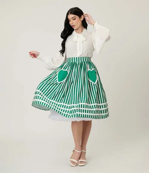 Unique Vintage Front Pocket Swing Skirt - Green & White Stripe