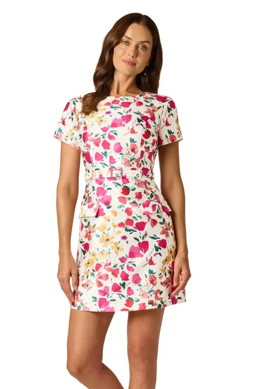 Adrianna Papell Floral Print Belted Mikado Dress