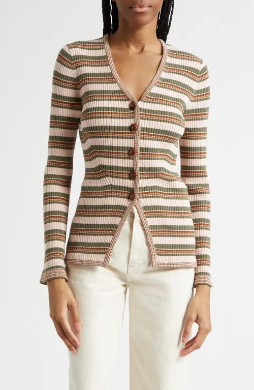 Veronica Beard Striped Ribbed Knit Cardigan - Pink Shell Stone Army