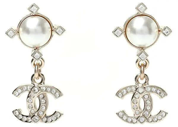Chanel Crystal Pearl Cc Drop Earrings - Gold