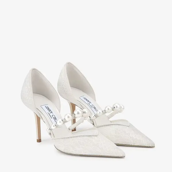 JIMMY CHOO Aurelie 85 Lace Pumps With Pearl Embellishment