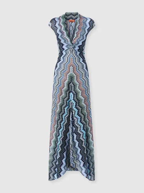 Missoni Sleeveless Long Dress With Knotted Neckline In Chevron Knit - Multicoloured