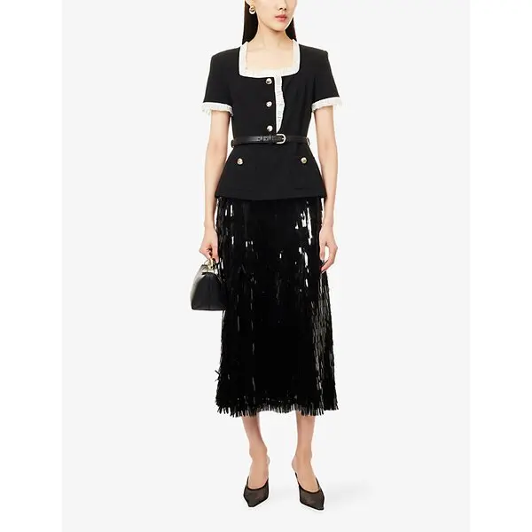 SELF-PORTRAIT Contrast-frill Square-neck Crepe Top