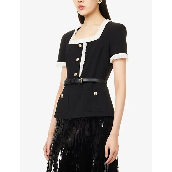 SELF-PORTRAIT Contrast-frill Square-neck Crepe Top