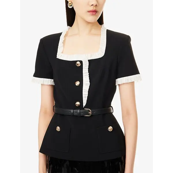 SELF-PORTRAIT Contrast-frill Square-neck Crepe Top