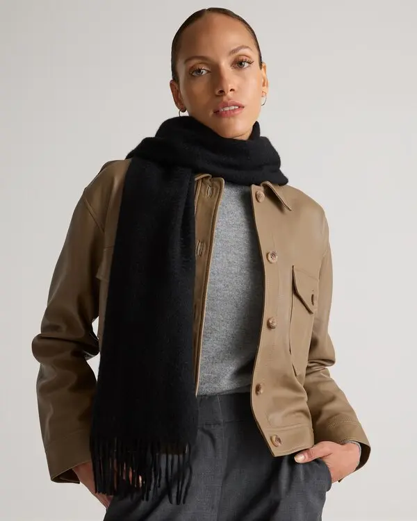 Quince Mongolian Cashmere Woven Fringe Scarf - Black