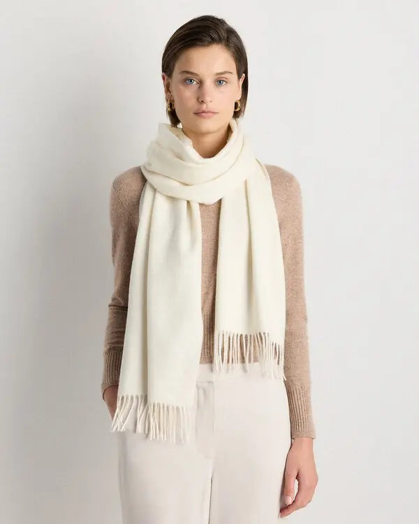 Quince Mongolian Cashmere Woven Fringe Scarf - Ivory
