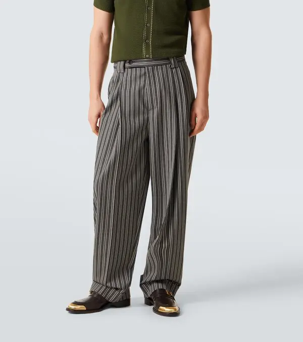 Versace Striped Virgin Wool Straight Pants - Black