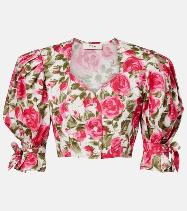 Chloé Floral Cropped Puff-sleeve Cotton Blouse - Pink