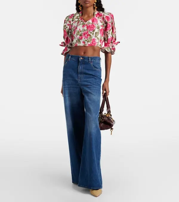 Chloé Floral Cropped Puff-sleeve Cotton Blouse - Pink